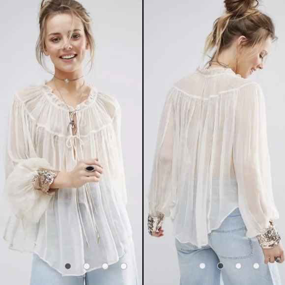Free People | Tops | Free People Gold Sequin Cuff Sheer Chiffon Ruffle Babydoll Blouse Top ...